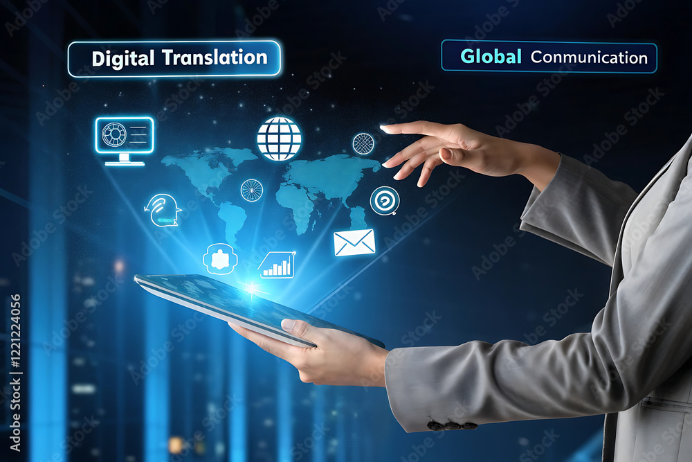 Language interface, holographic display, floating text bubbles ...