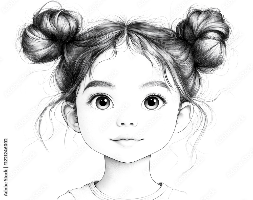 Cute cartoon girl portrait with big expressive eyes, double bun ...