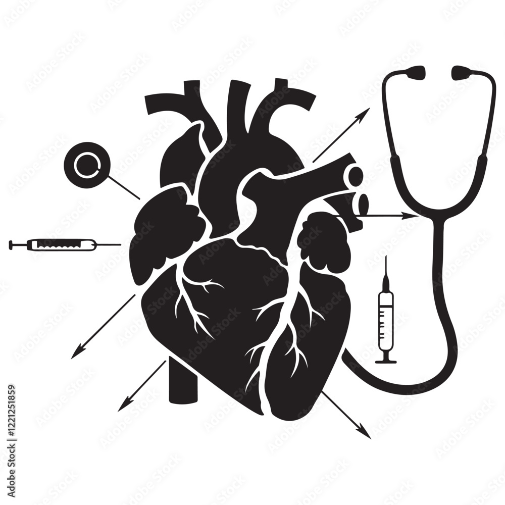 Anatomical heart vector silhouette icon. heartbeat, cardiovascular ...