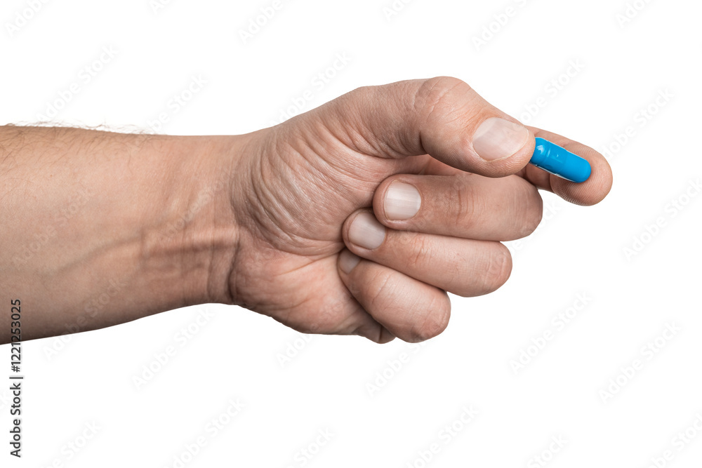 Male hand holding blue medicine capsule, antibiotic pill, or painkiller ...