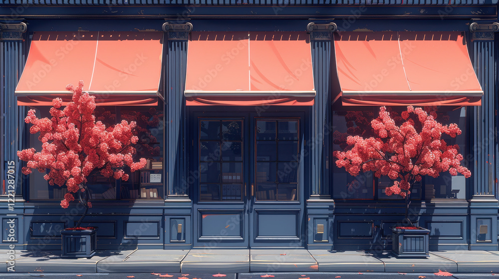 charming downtown scene featuring vibrant pink flowering trees flanking ...