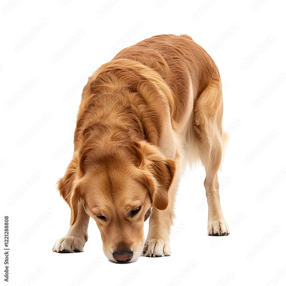 Golden Retriever Dog Sniffing and Exploring on Plain White Transparent ...