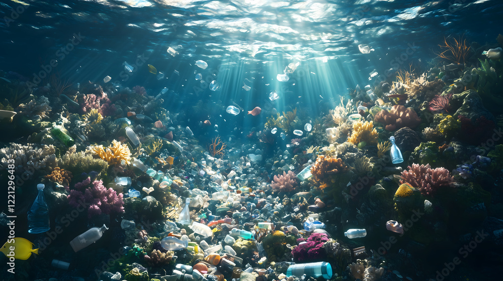 coral reef destroyed by plastic pollution, with vibrant marine life ...