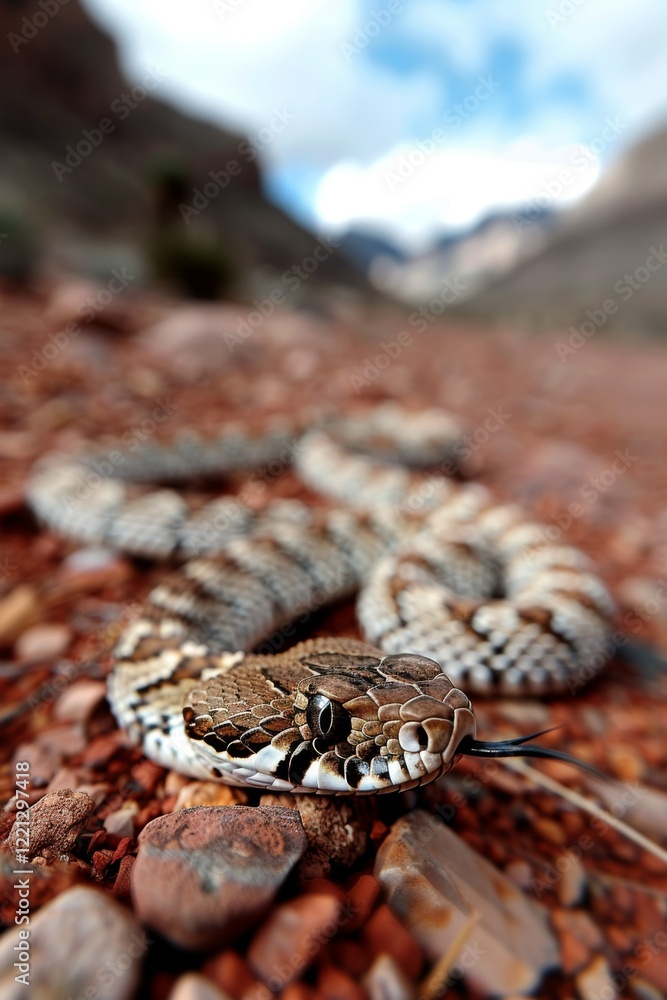 Rattlesnake in Desert: A western diamondback rattlesnake coiled on red ...