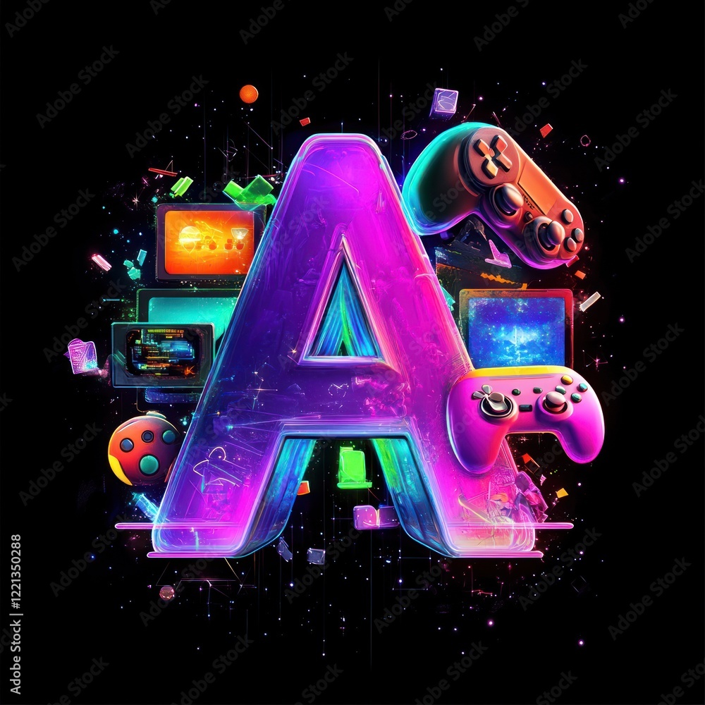 Glowing 'A' with gaming icons; nostalgic tech background; perfect for ...
