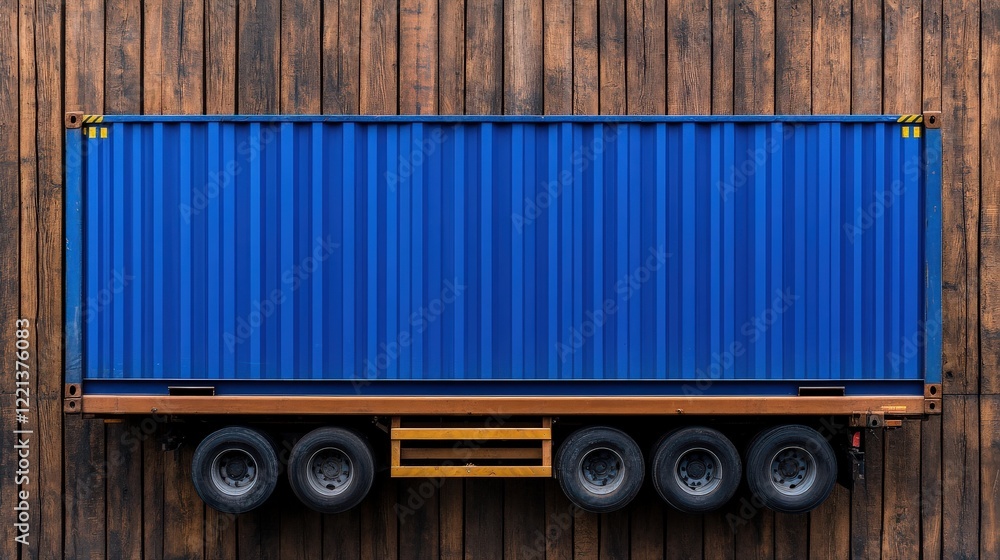 Cargo Container on Trailer: A pristine blue shipping container rests on ...