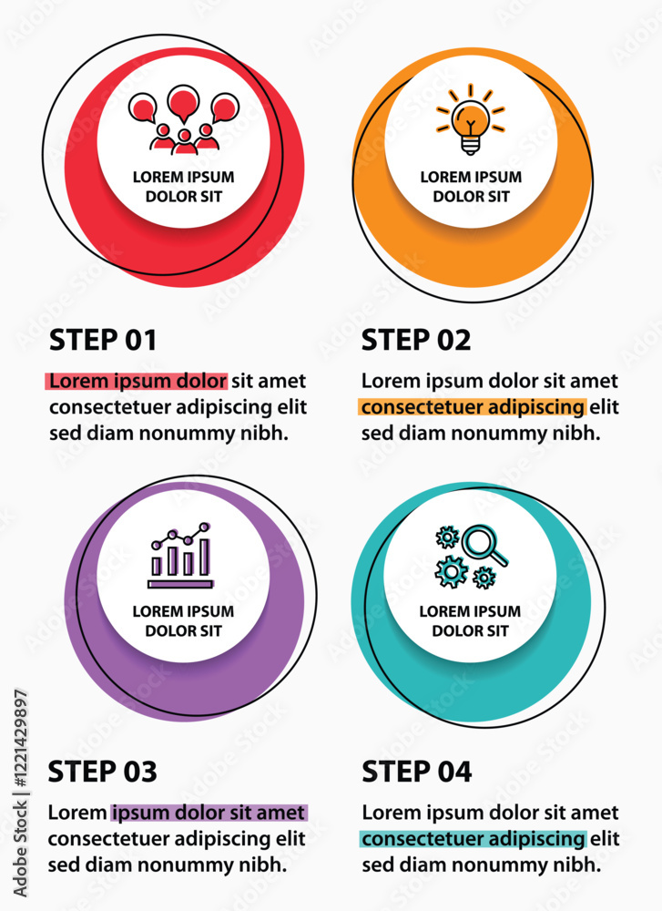 4 steps infographic template with 4 options. Flowchart that can be used for business report ...