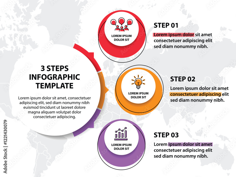 3 steps infographic template with 3 options. Flowchart that can be used for business report ...