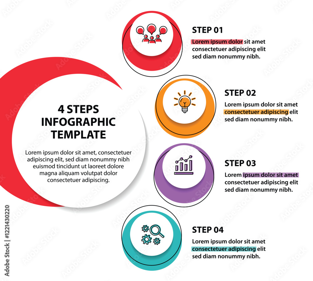 4 steps infographic template with 4 options. Flowchart that can be used for business report ...