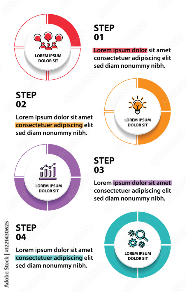 4 steps infographic template with 4 options. Flowchart that can be used for business report ...