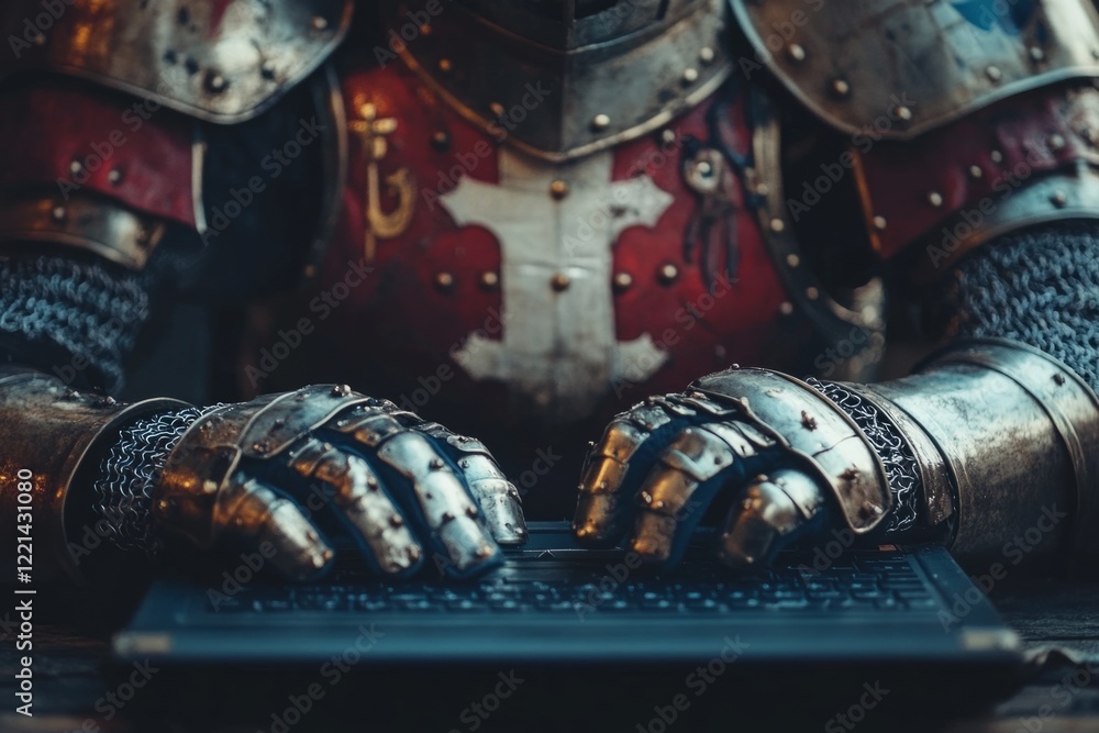 Knight wearing armor and gauntlets using a laptop computer, blending ...