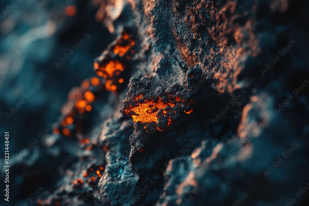 Glowing embers embedded in dark, rough volcanic rock, a fiery scene of ...
