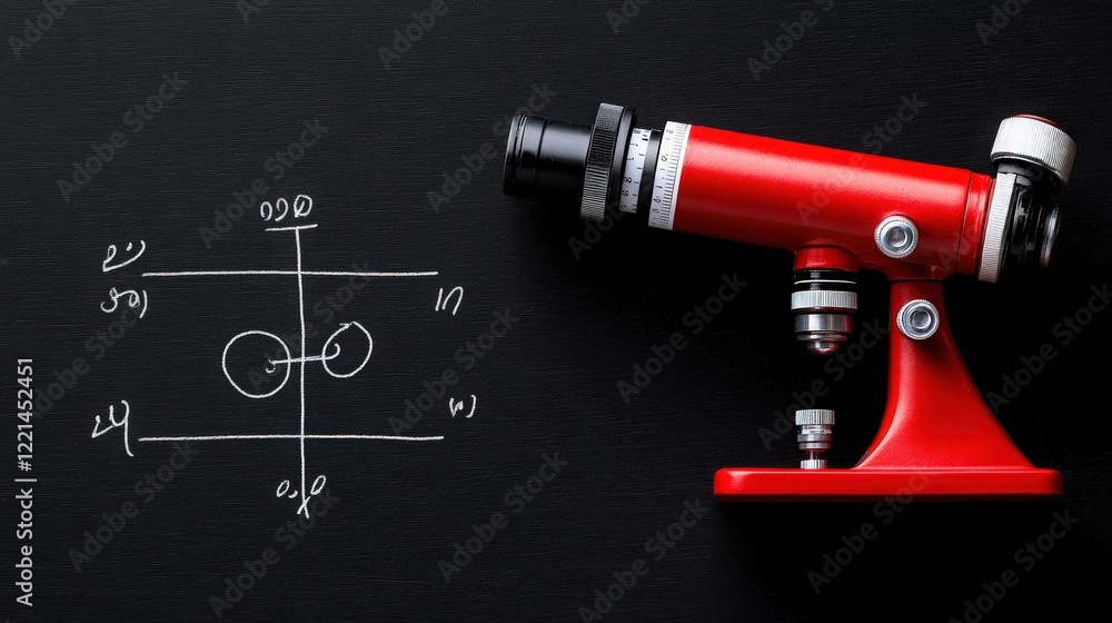 Red Microscope on Blackboard: A red microscope rests on a black ...