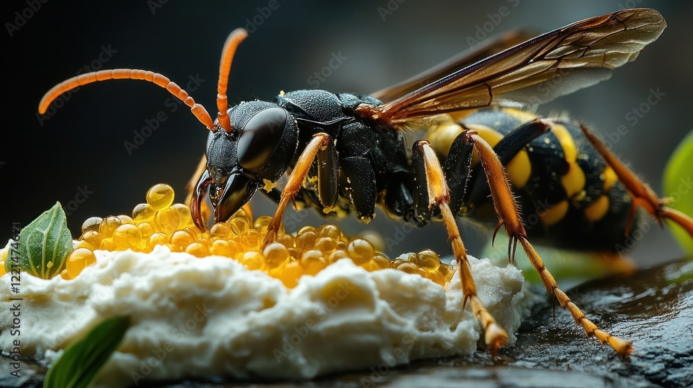 Closeup of an intimidating yellow and black wasp hovering aggressively ...
