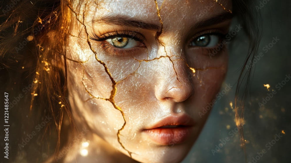 woman with cracked porcelain skin, golden light seeping through ...