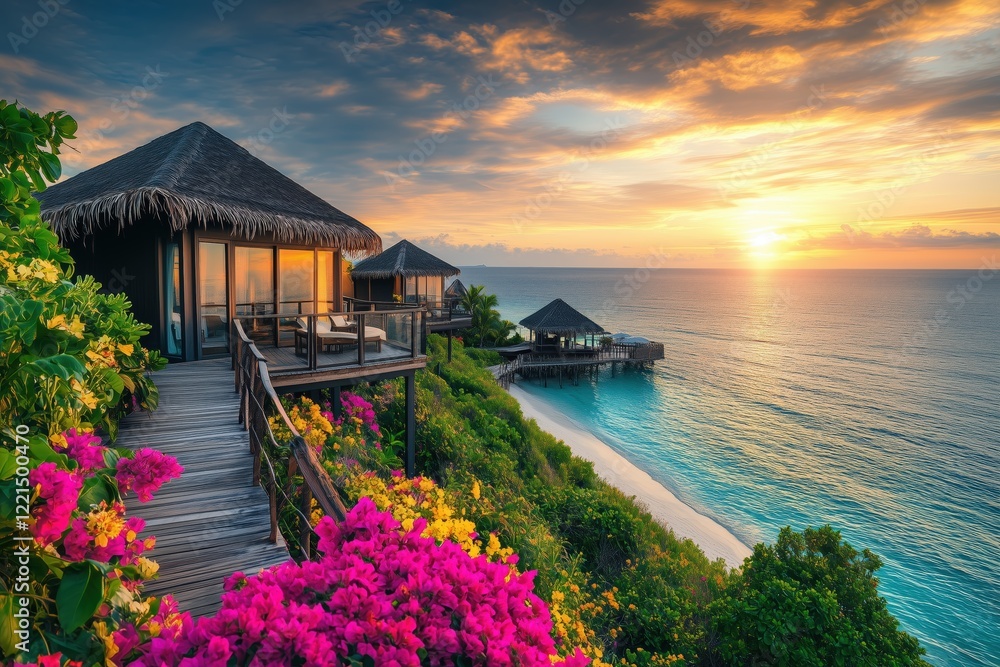 Luxury resort on a remote island with breathtaking ocean views Stock ...