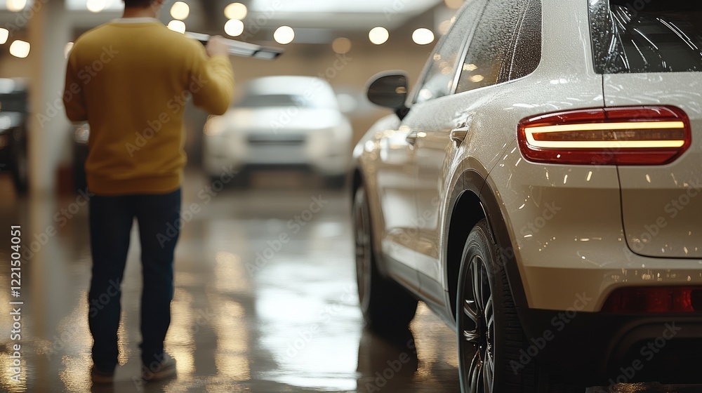 Car wash worker cleaning white suv with pressure washer, wet floor ...