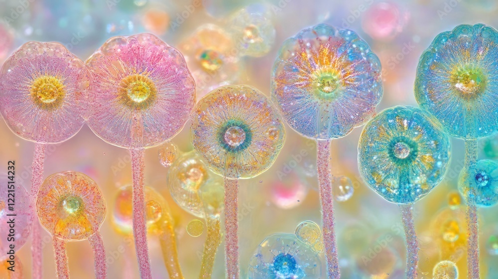 Penicillium mold spores magnified, revealing vivid colors and complex ...