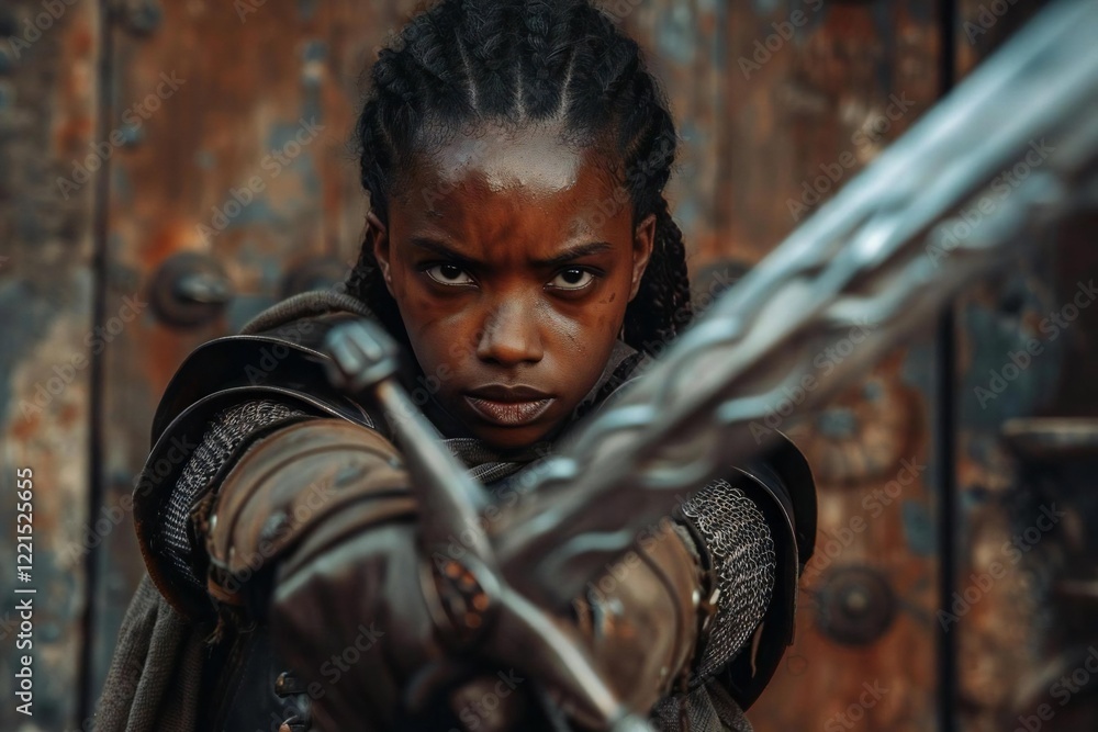 Brave Young African American Woman Wielding Sword in Epic Medieval ...