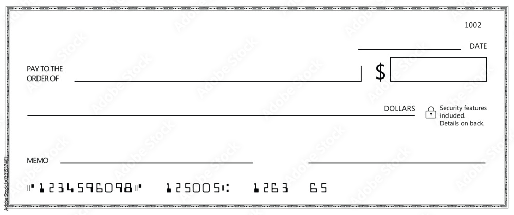 Blank bank cheque. Personal desk check template with empty field to ...