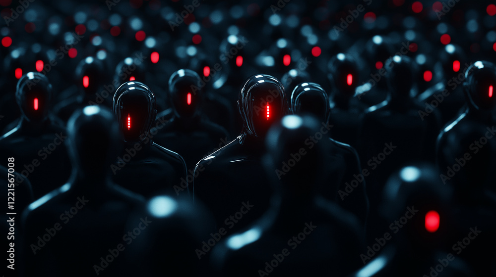 A dark, futuristic crowd of black humanoid forms, with piercing red ...