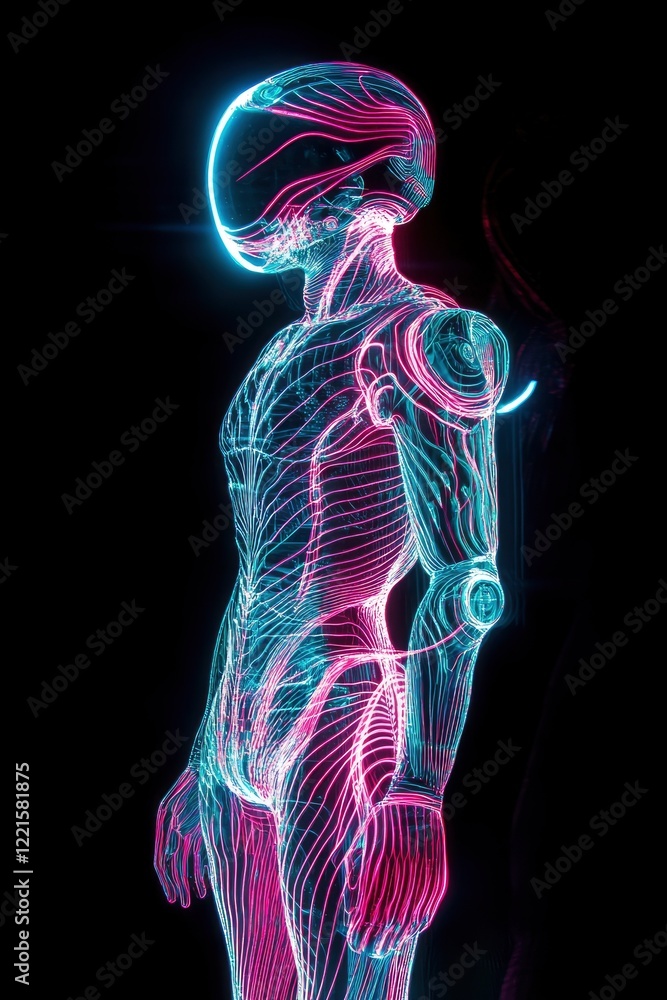 full body glowing hologramy of humanoid robot in futuristic armor made ...