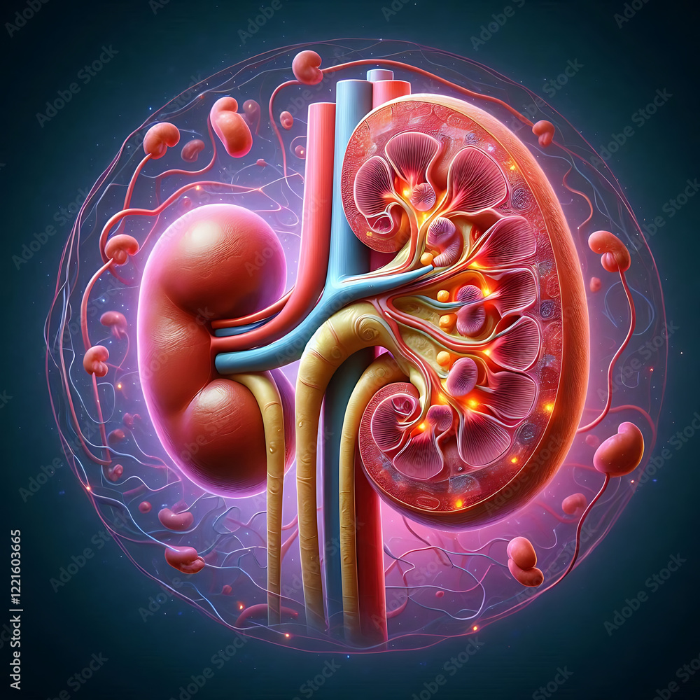 Kidney health and kidney wellness concept. Red kidneys on clinical ...
