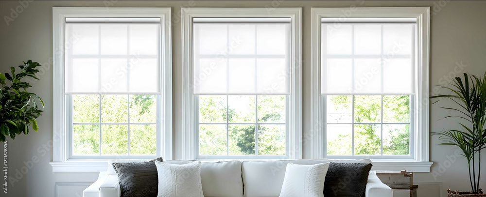 Cisco roller shades in white three windows living room setting natural ...