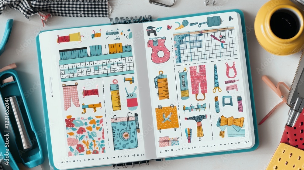 Illustrated Notebook Depicting Sewing And Crafting Tools Stock Photo ...