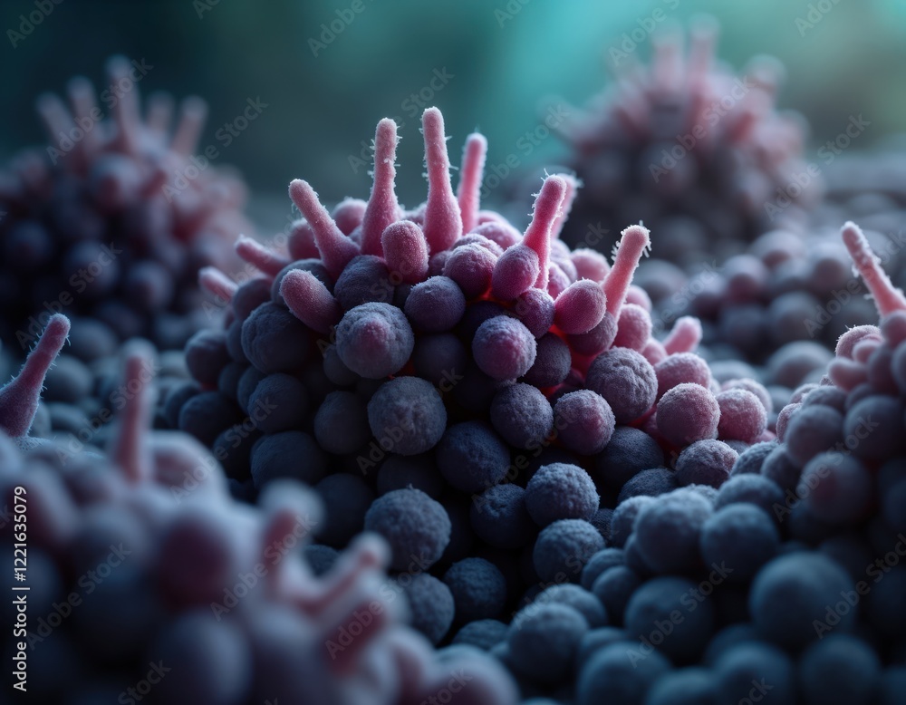 Close-up view of Enterobacter cloacae bacteria clusters. Microscopic ...
