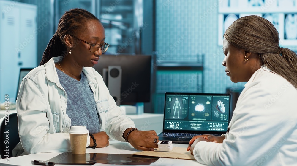 Health specialist measuring the oxygen saturation and pulse rate using ...