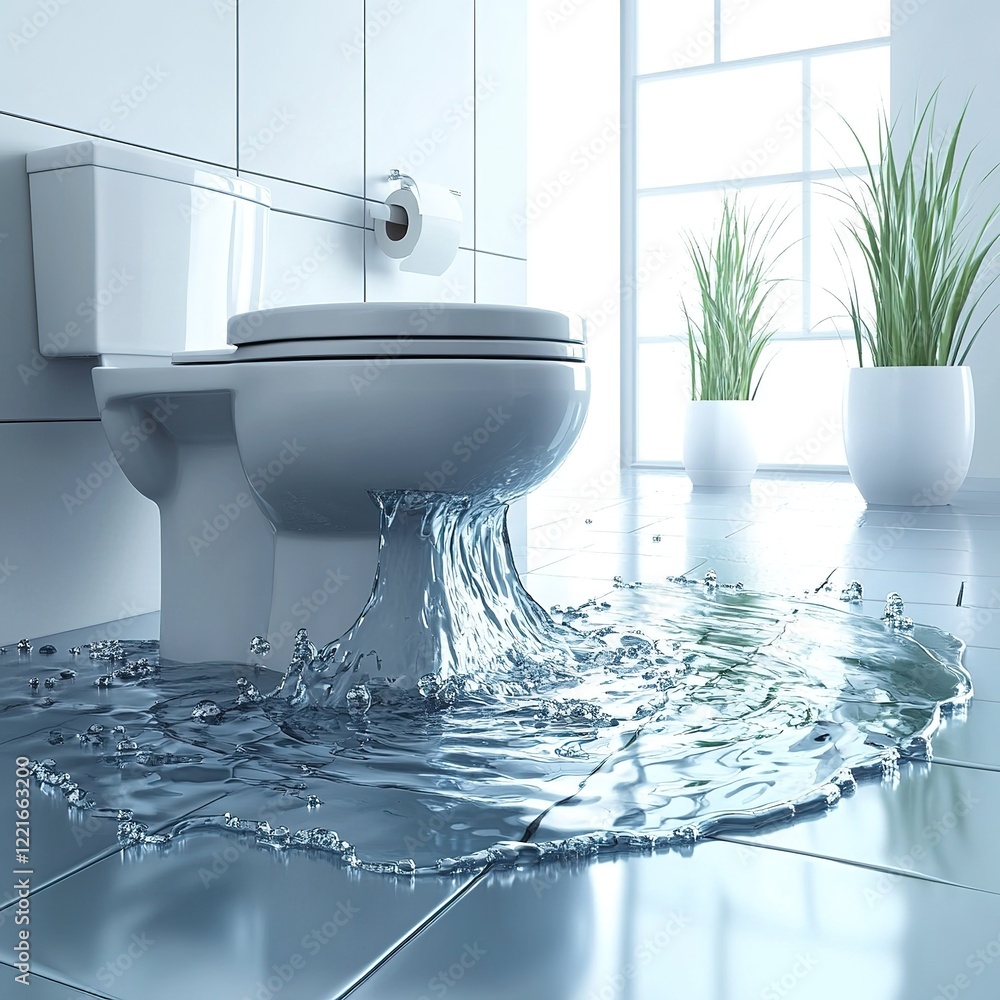 Emergency plumbing incident overflowing toilet in modern bathroom ...