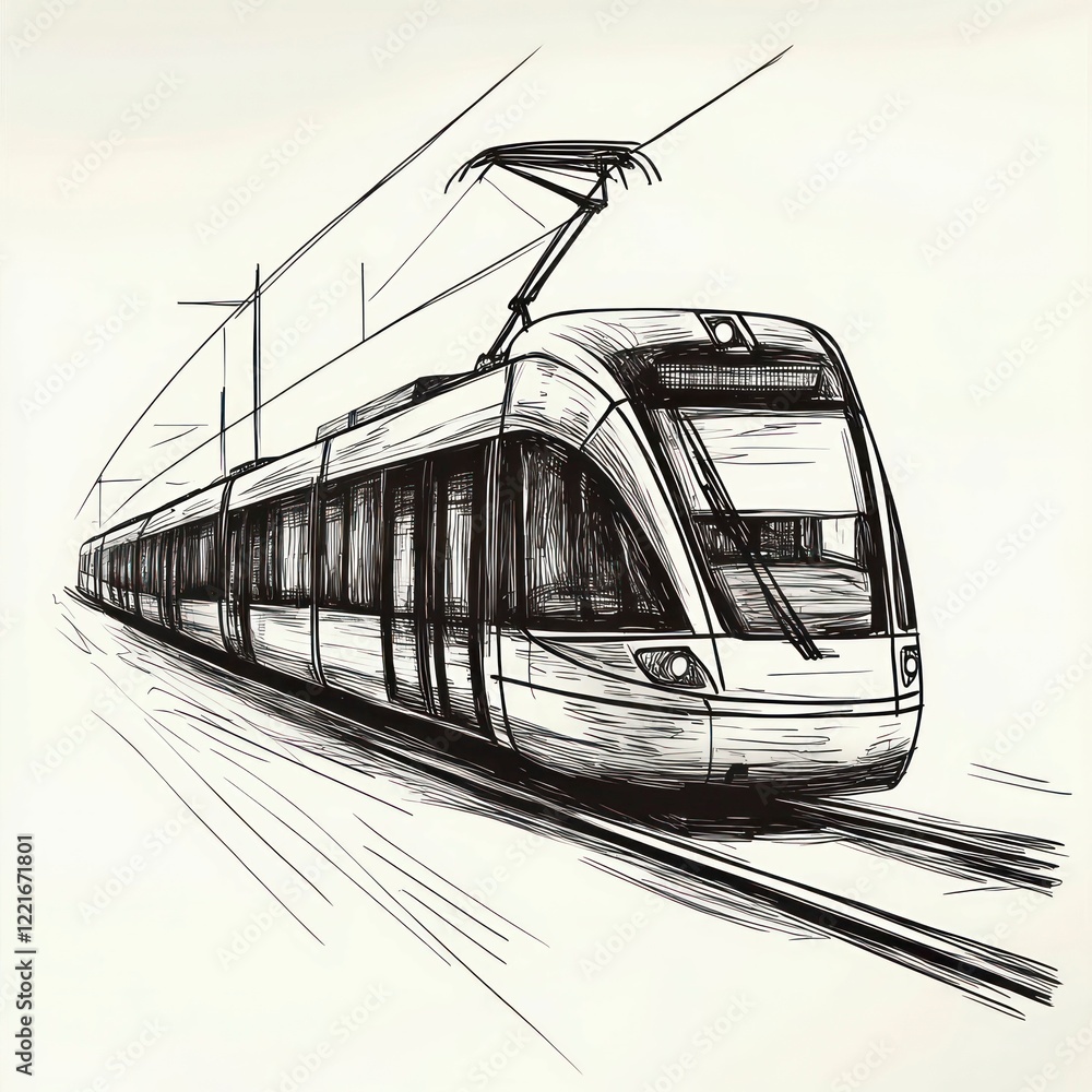 modern tram moving on tracks in an urban street setting line art sketch ...
