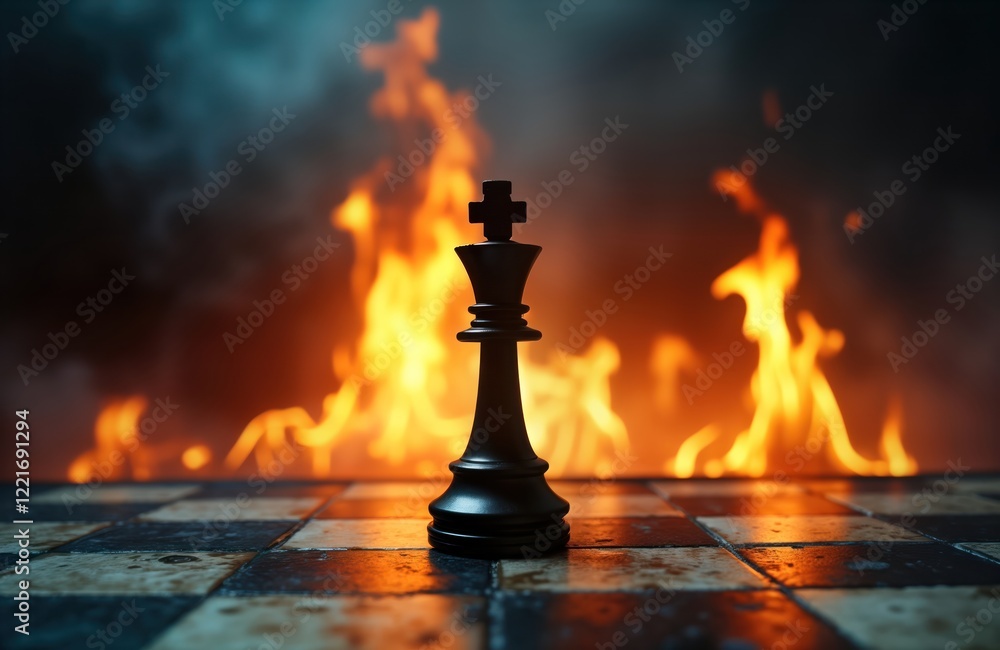 Dark king chess piece kneels on aged chessboard. Fiery flames, ominous ...