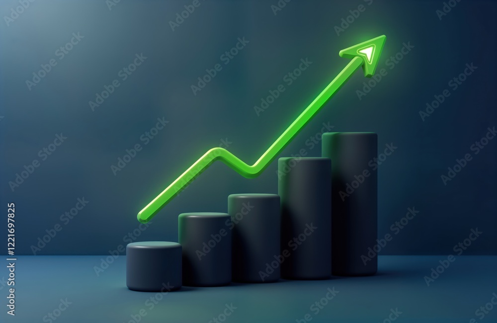 Dynamic graphic displays upward progress. Green arrow points to success ...