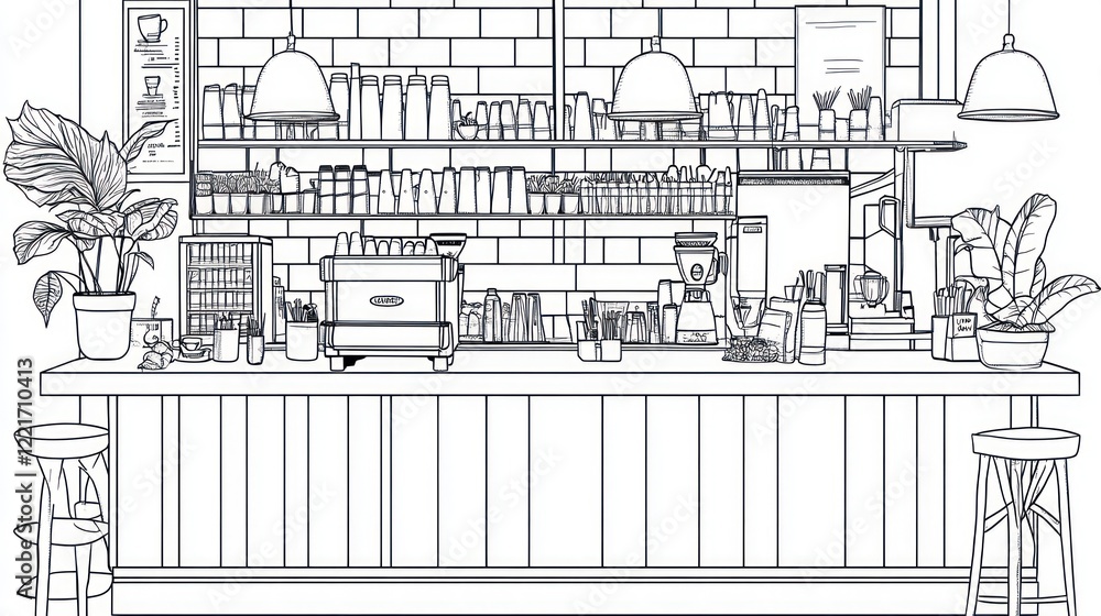 Coffee shop counter, espresso machine, plants, menu, interior design ...