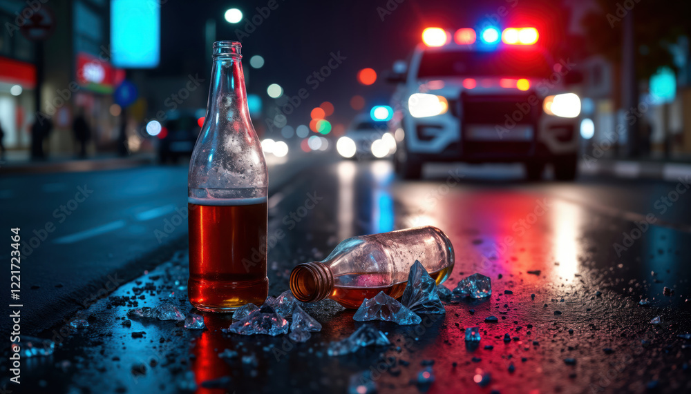 Broken glass bottles of alcohol on city street at night. Police car ...