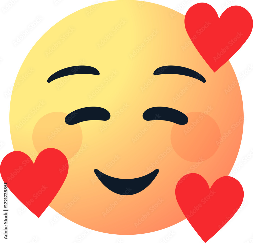 love emoji emoticon with yellow smiling face and three red hearts ...