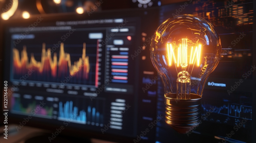 Illuminating Ideas: A Glowing Lightbulb Against a Background of Data and Charts Representing ...