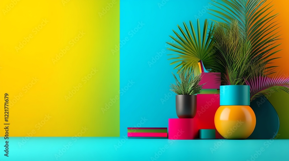 Artistic bold text, floating alongside layered abstract shapes, neon ...