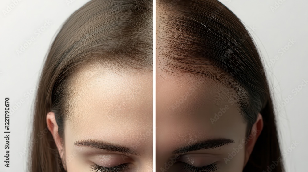 Before and after head shot of a young woman with a receding hairline on ...