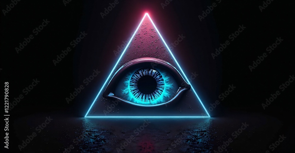Illustration Stock Neon glowing all-seeing eye and pyramid isolated ...