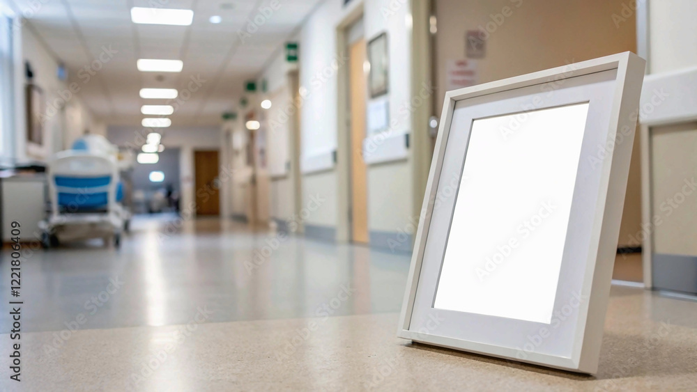 Blank empty white picture frame mockup in a hospital corridor, with ...
