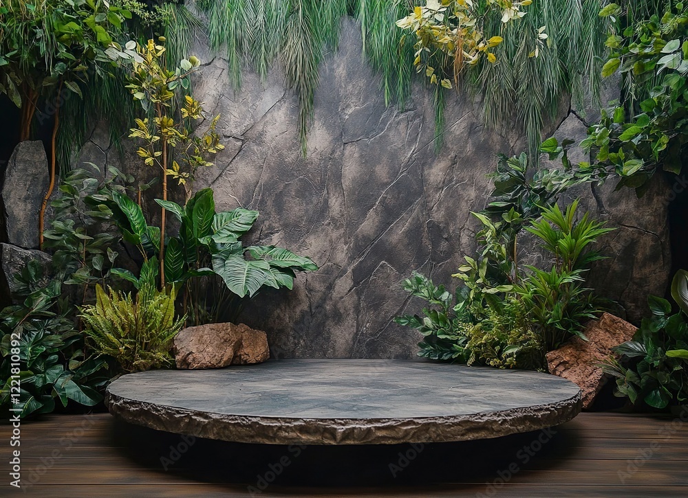 Podium batu dengan latar belakang hutan tropis, cocok untuk presentasi ...