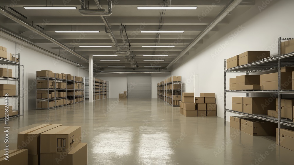 Minimalist storage room with stacked cardboard boxes, clean white walls ...