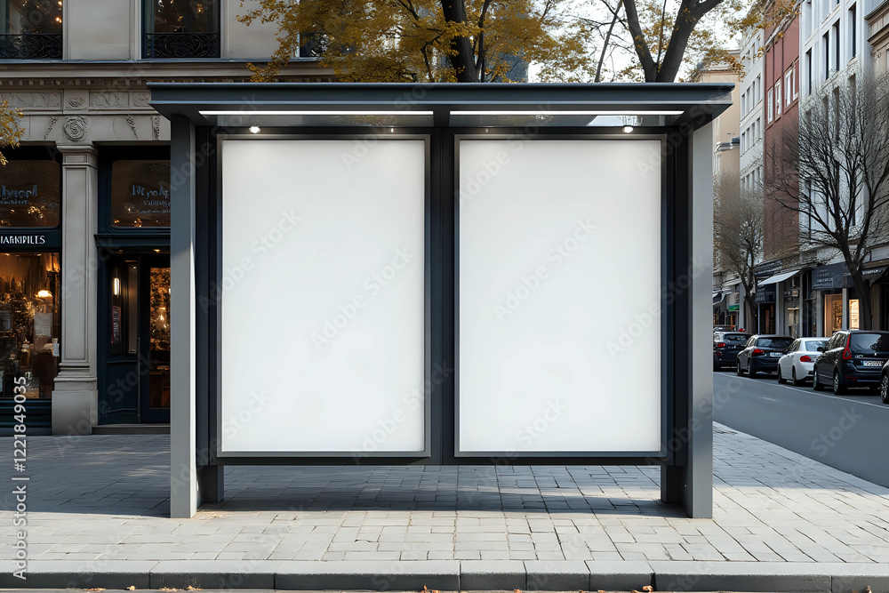 Mockup Of Empty Bus Stop Billboard In Front Of Luxury Store. Two Blank ...