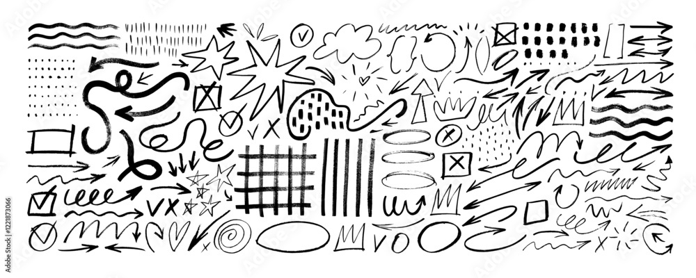 Brush and crayon drawn doodle shapes, scribbles and squiggles. Funky ...