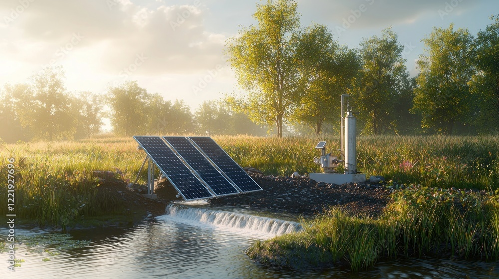 Solar-powered irrigation system in rural field at sunrise Stock Photo ...