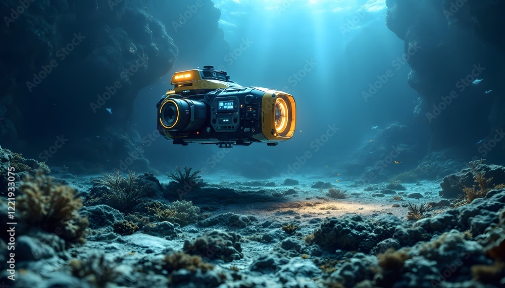 A hyper-realistic underwater scene of advanced research equipment ...