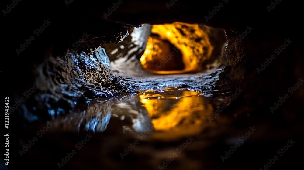 Illuminated Cave Passage: A subterranean journey through a dark ...
